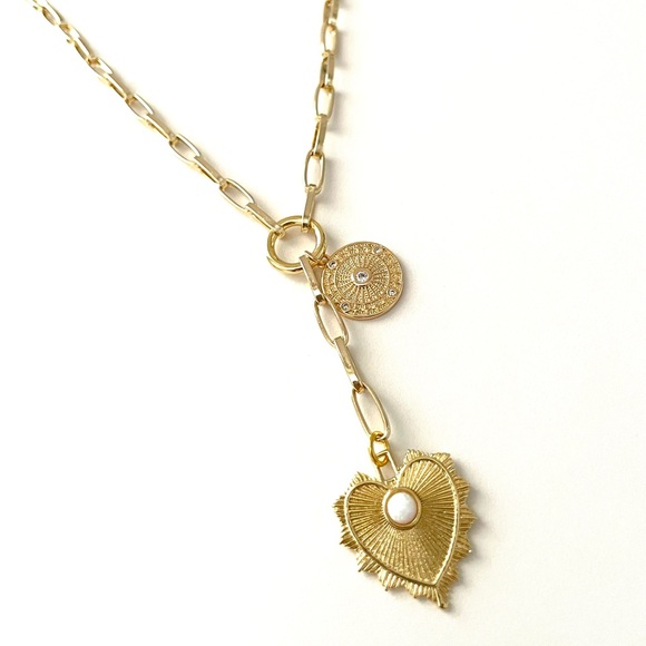 Jewelry | Multi Charm Necklace Paperclip Link Chain Heart Opal Lariat ...